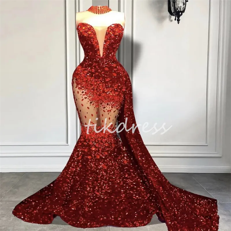 Luxury Red Diamond Crystal Mermaid Red Sparkly Prom Dress For Black ...