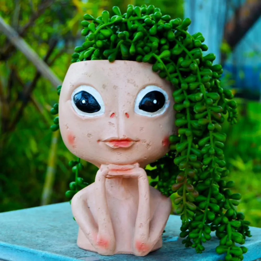 Alien Face Resin Flower Pot With Holes Unique Tabletop Face Planter For ...