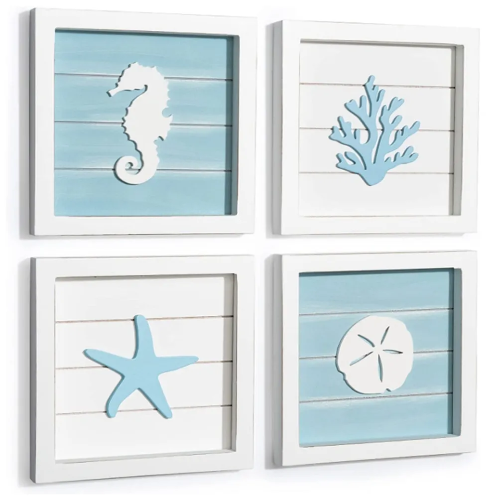 Rustic Ocean Themed Beach Wall Decor With 3D Starfish And Seahorses ...