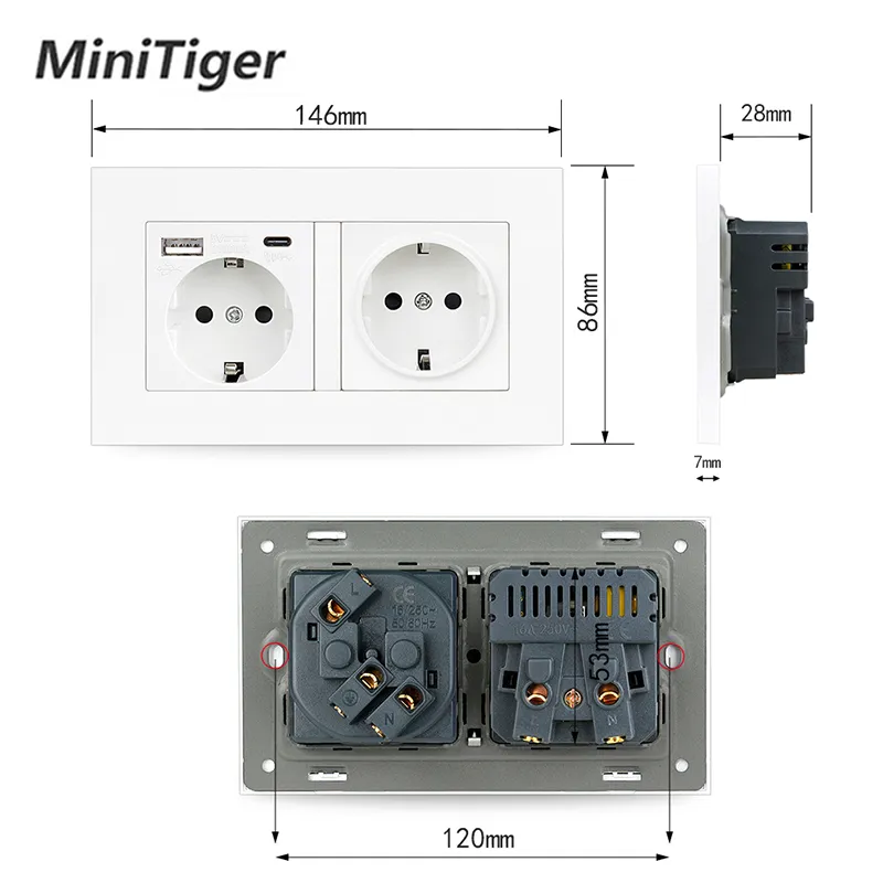 EU Type-C Plug USB Power Socket, Glass Panel AC 110V-250V 16A Wall ...