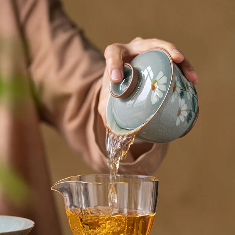 Pure Hand-Painted Daisy Ceramic Tea Tureen, 160ml Handmade Ice Crack ...