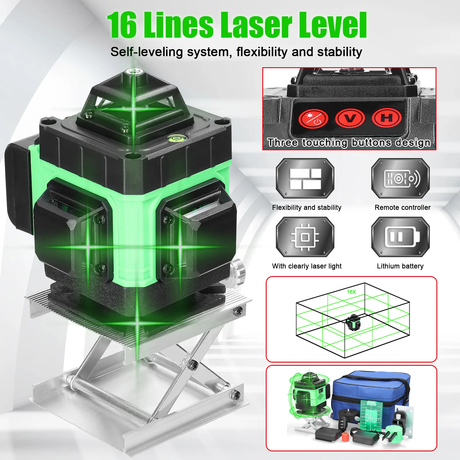 Multifunctional 16 Lines Self-Leveling Laser Level with Rechargeable ...