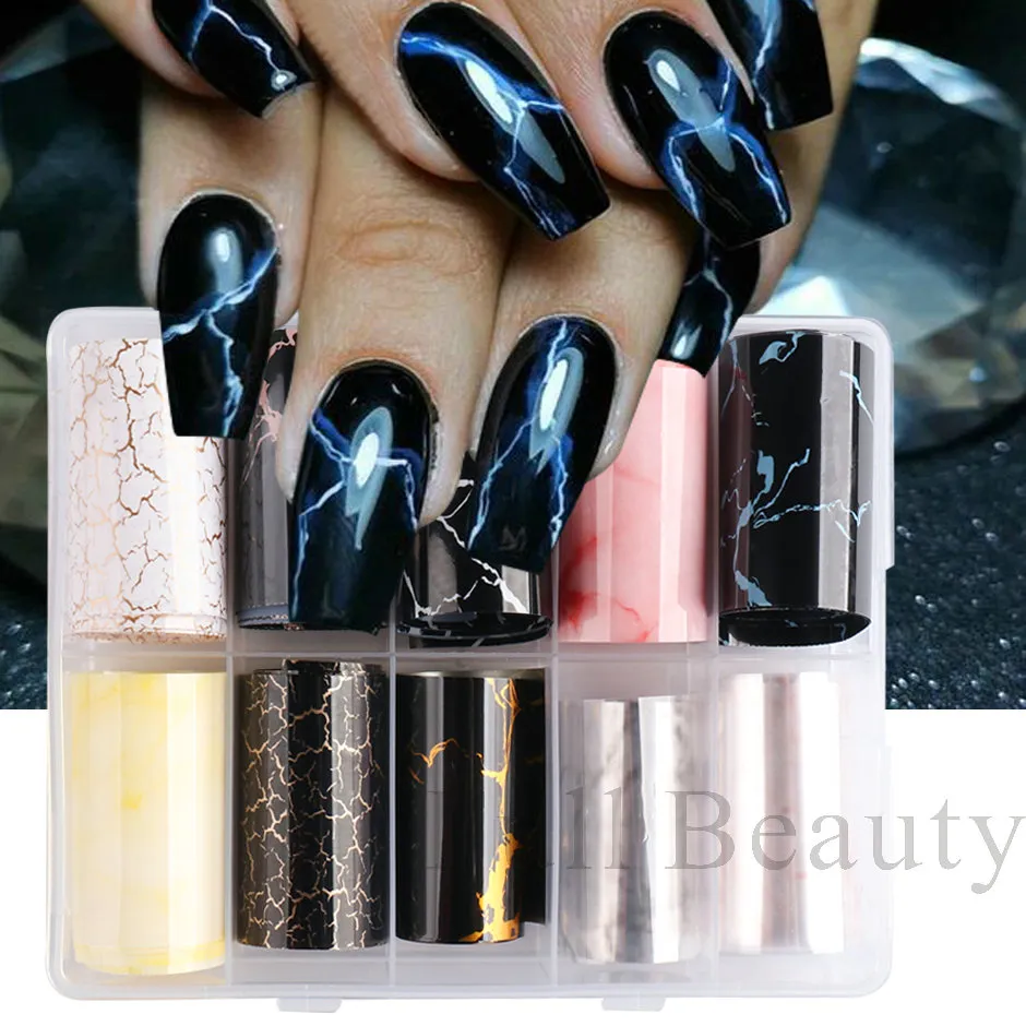 10 Rolls Holographic Iridescent Marble Nail Art Foils Stickers White ...