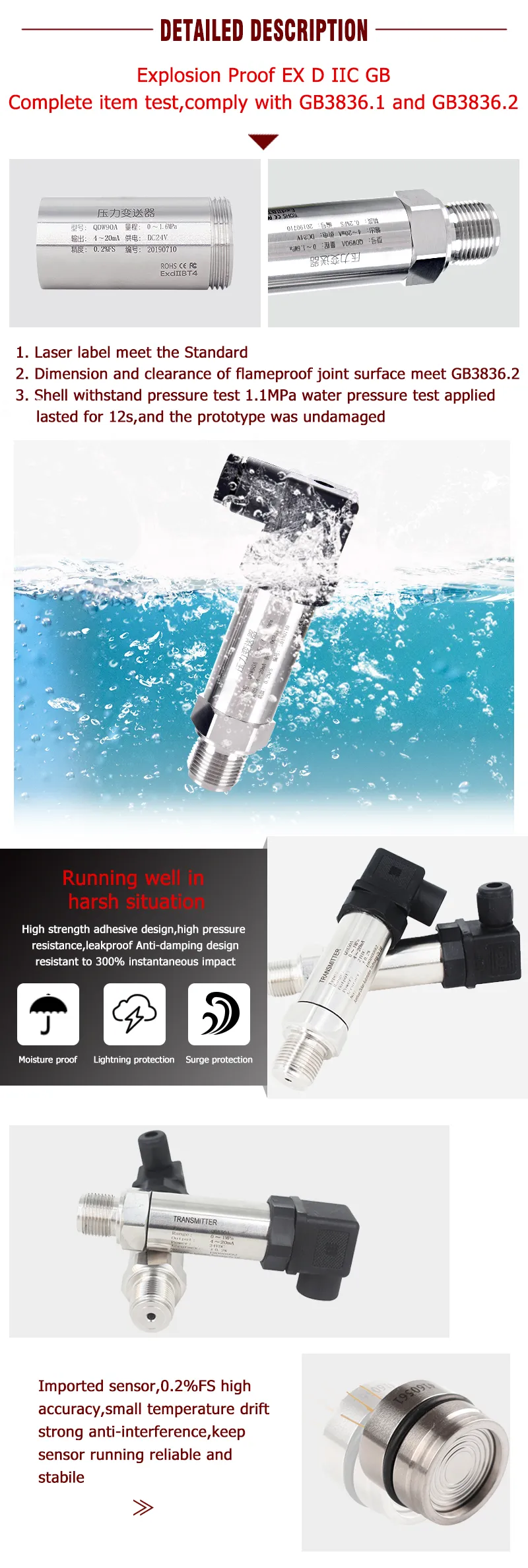 4-20mA Pressure Transmitter Sensor 0.1bar to 60MPa 0.1 to 8700psi with ...