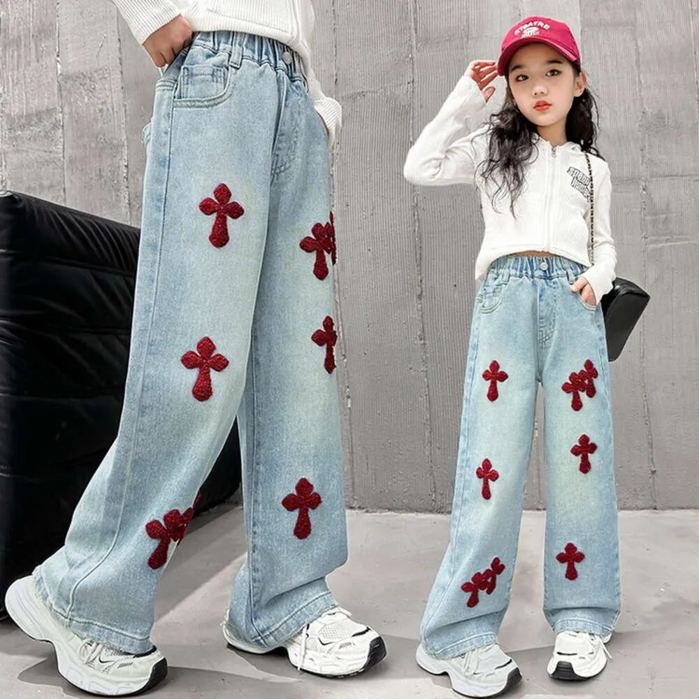 2024 Spring Autumn Girls Jeans, Embroidered Wide Leg Denim Trousers ...