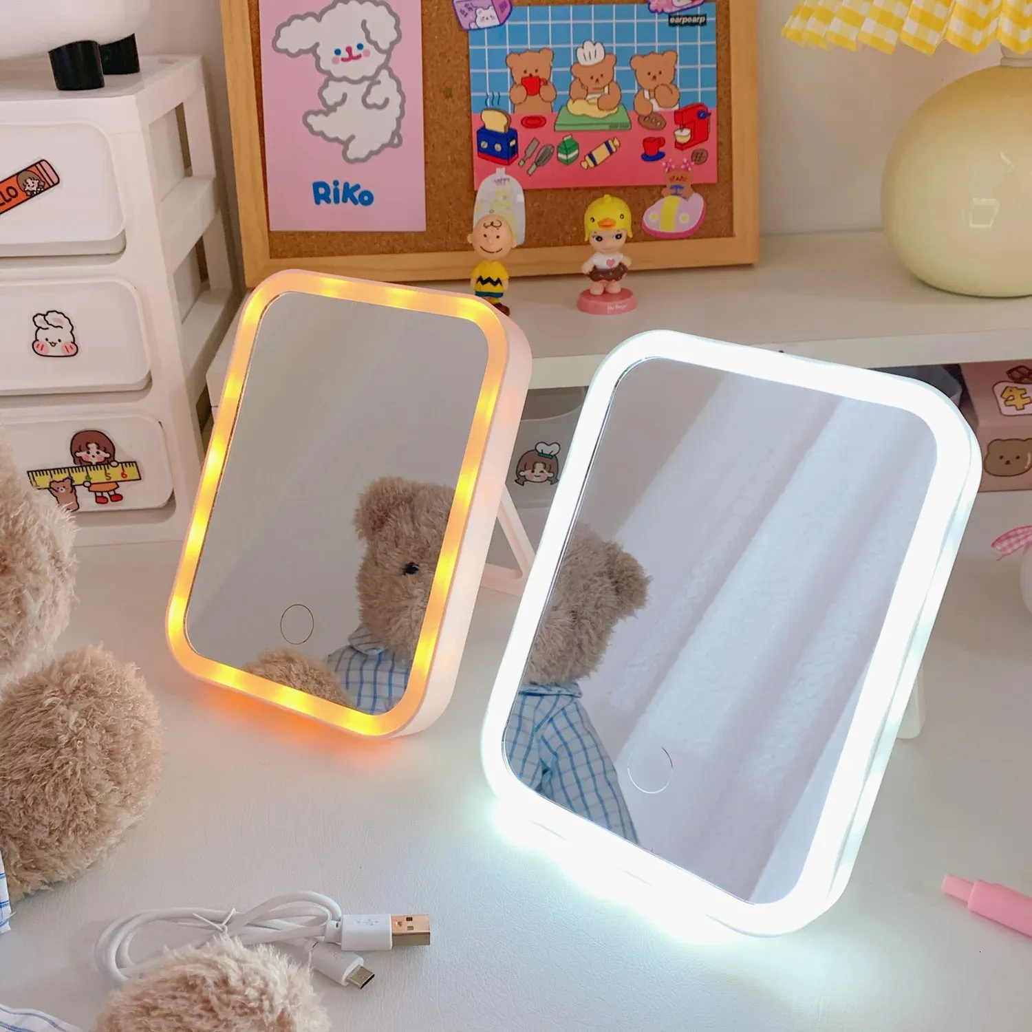 Cute Desktop Makeup Mirror With LED Light, Large Vanity Mirror ...