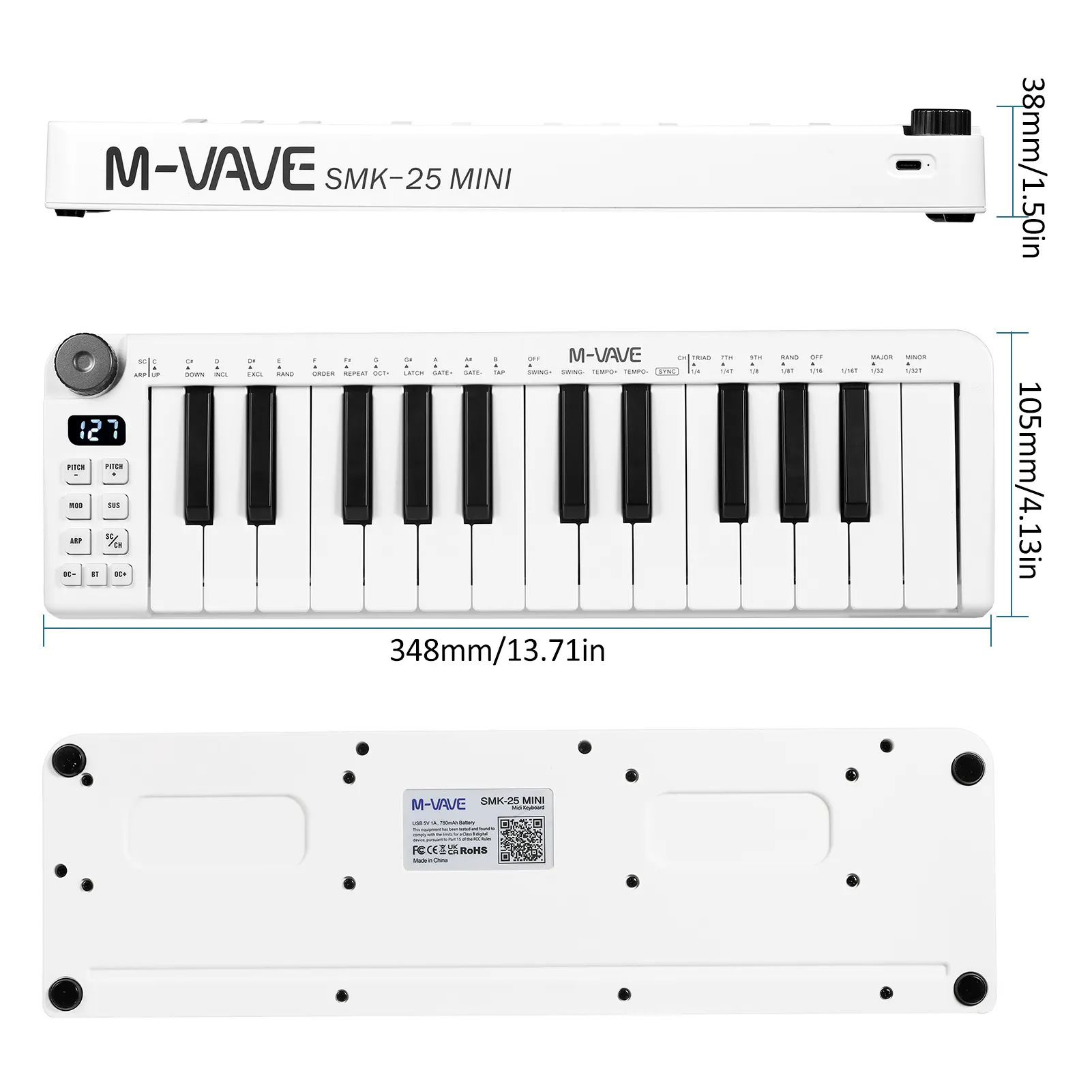 M-VAVE SMK-25mini 25-Key Rechargeable Mini USB MIDI Keyboard Controller ...