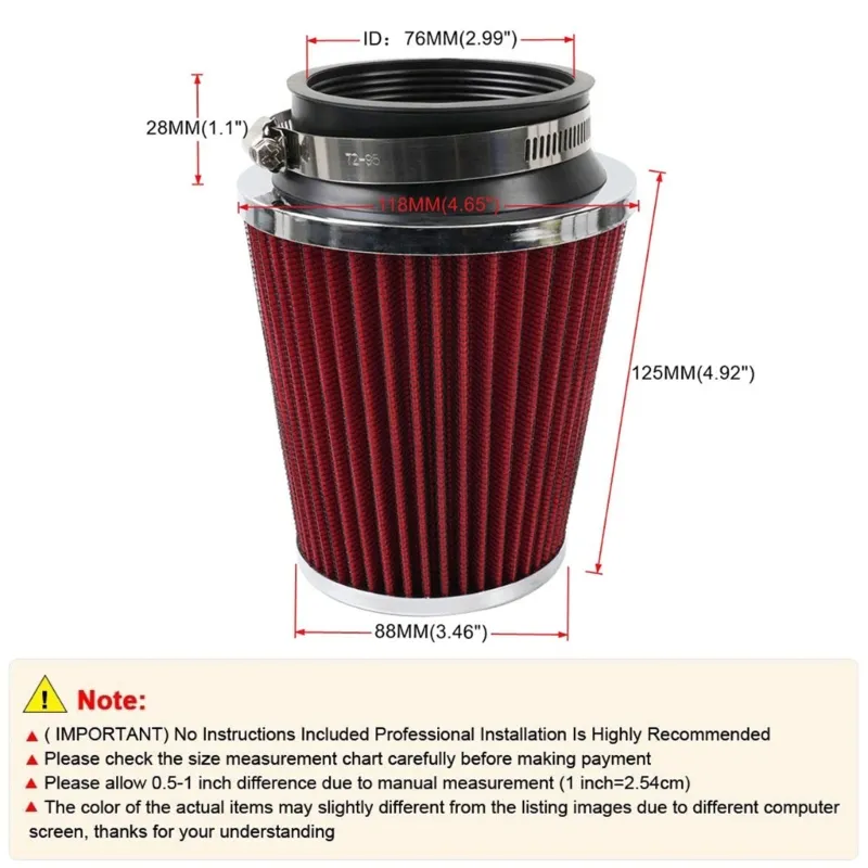 Universal 76mm 3 Cold Air Intake Filter - Round Cone, High Flow ...