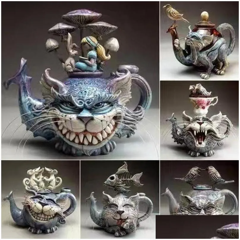 Handmade Cat Teapot Resin Sculpture Alice Fairy Tale Creative Fish And ...