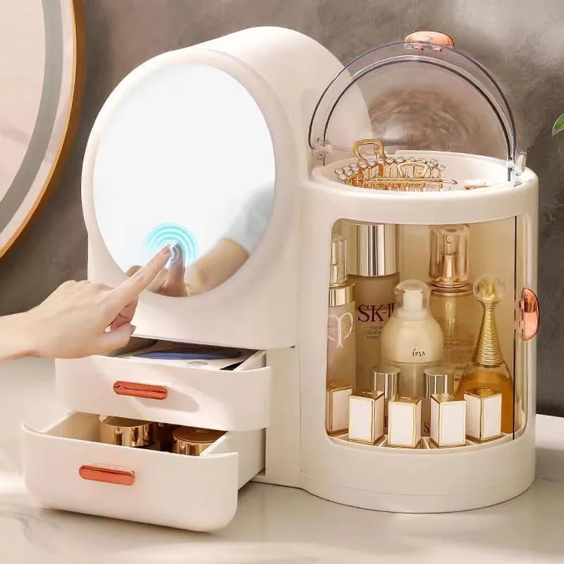 Rotating Makeup Organizer Space Saving Cosmetic Storage Box with Integrated Lamp Mirror for Vanity Desk