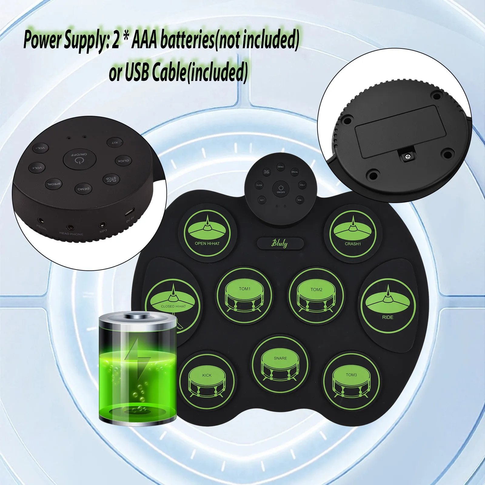 Compact Electronic Roll-Up Drum Set: Touch-Sensitive Practice Kit with 9 Drum Pads, 2 Foot ...