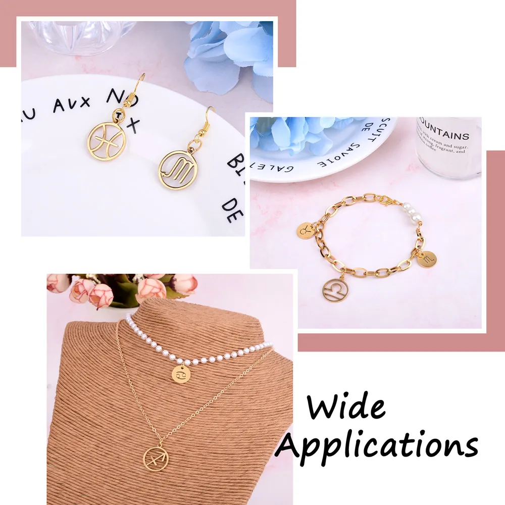Gold Color Flat Round Twelve Constellations Sign Charms Horoscope Astro ...