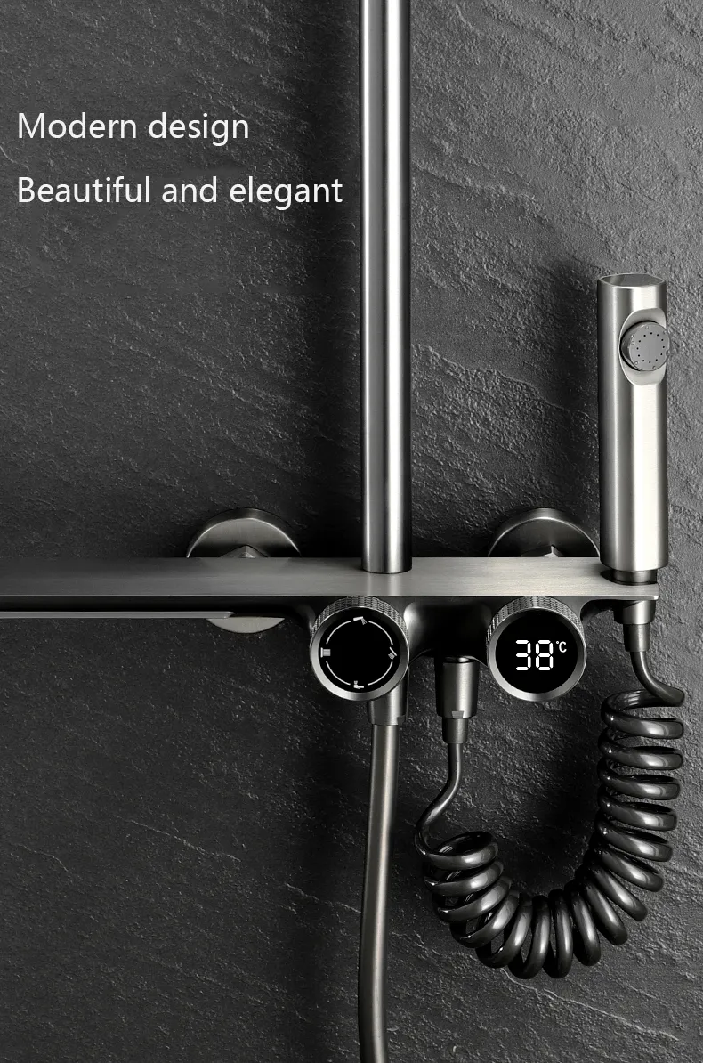 Gray Double Knob Digital Display Shower Set with 4-Mode Waterfall High ...