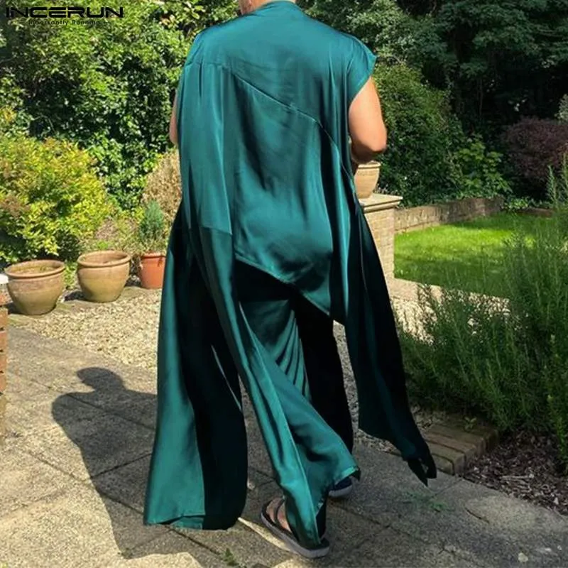 INCERUN 2024 Muslim Style Mens Satin Suit With Irregular Hem Half High ...