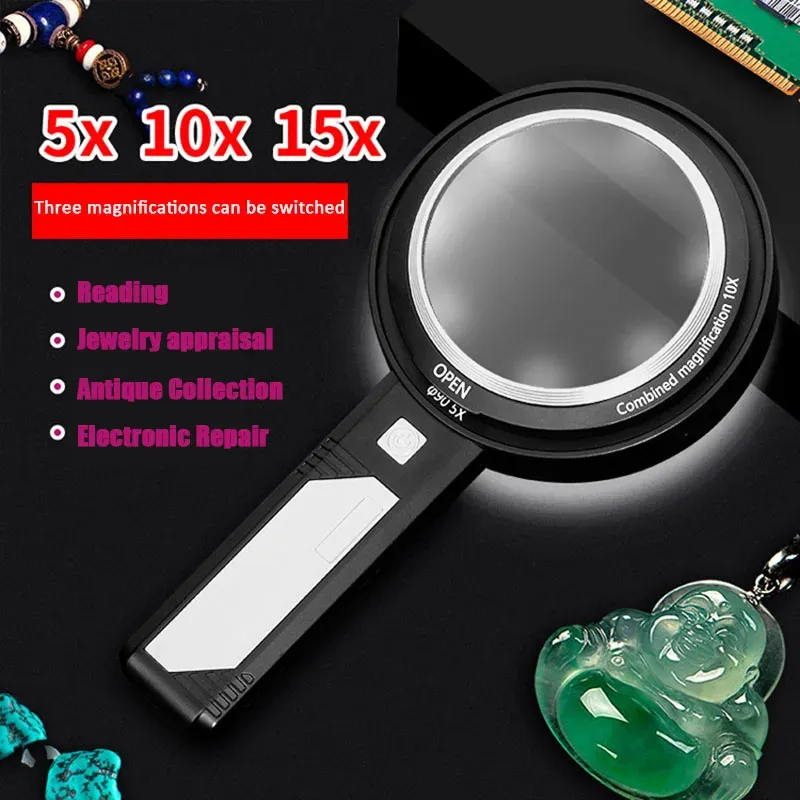 Handheld Magnifier 5X 10X 15X with 8 LED Lights Illuminated Magnifying ...