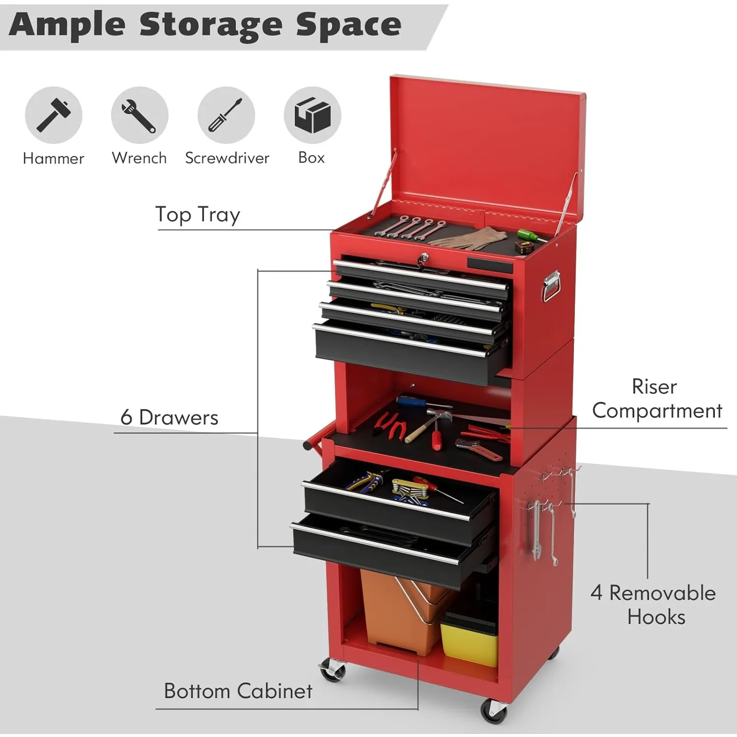 Goplus 6 Drawer Rolling Tool Chest 3 In 1 Box Organizer W/Auto Locking ...