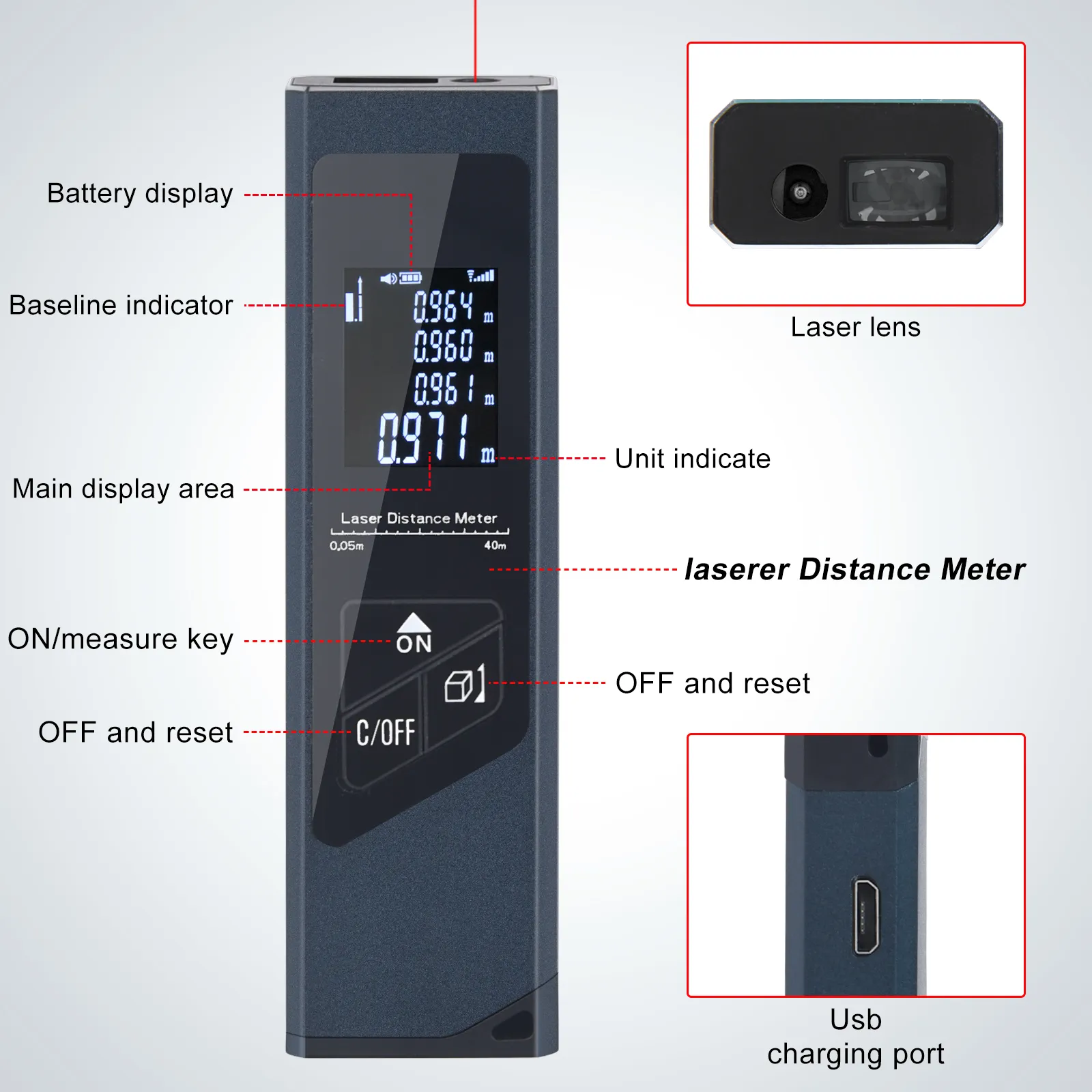 Digital Laser Distance Meter Mini Laser Rangefinder USB Charge Aluminum ...