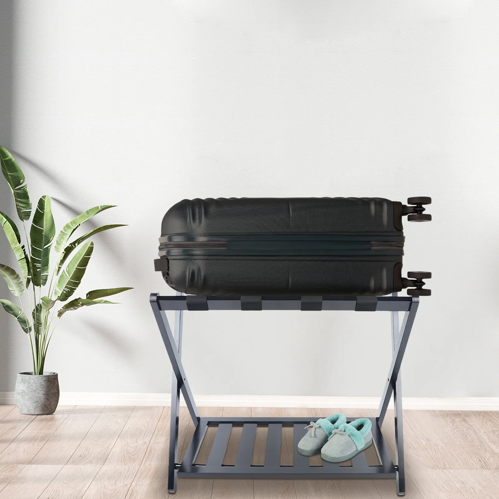 Folding Bamboo Luggage Rack With Shoe Shelf Travel Suitcase Baggage ...