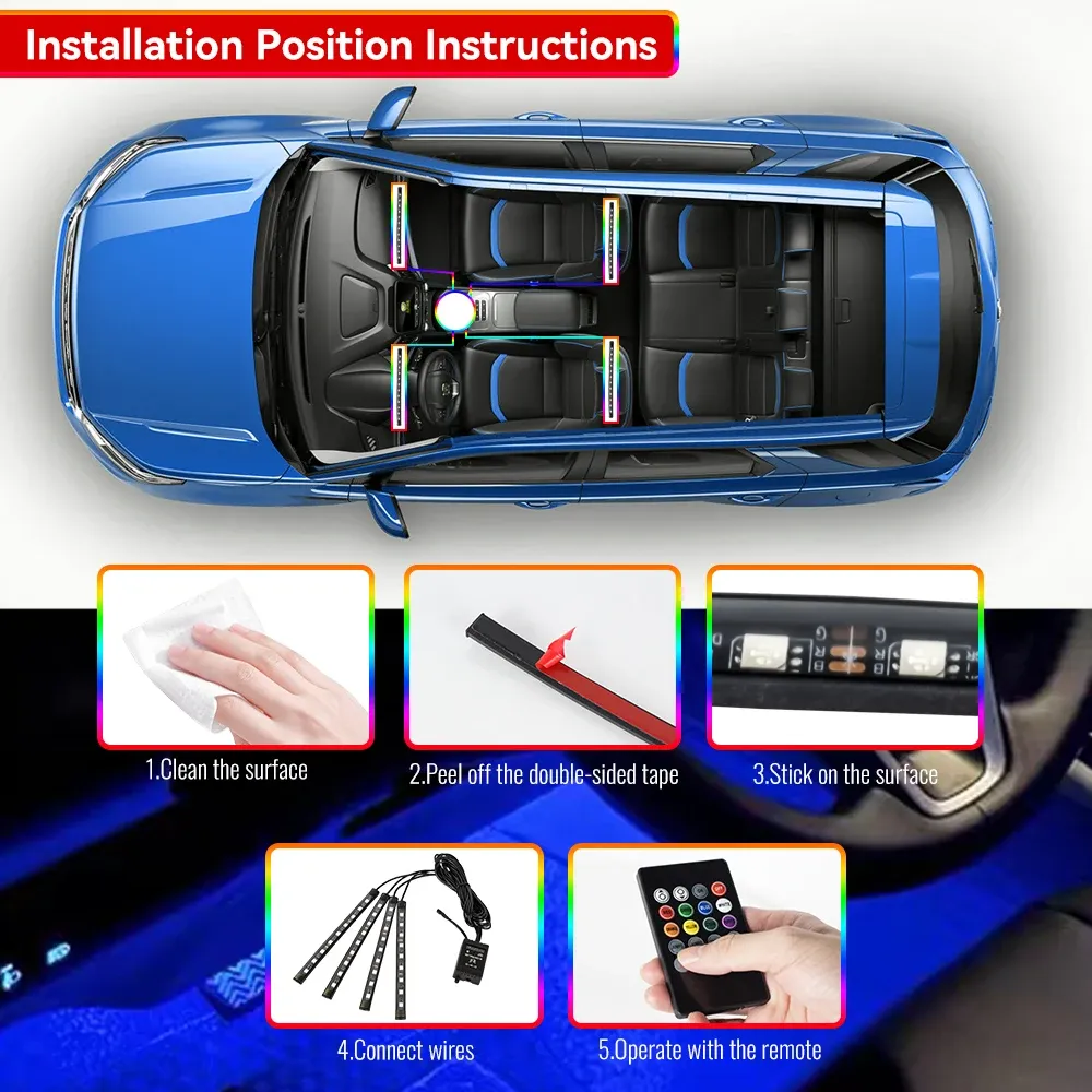 DHgate.com:8-Color RGB LED Car Strip Lights - Smart Interior Decorative ...