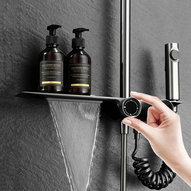 Gray Double Knob Digital Display Shower Set with 4-Mode Waterfall High ...