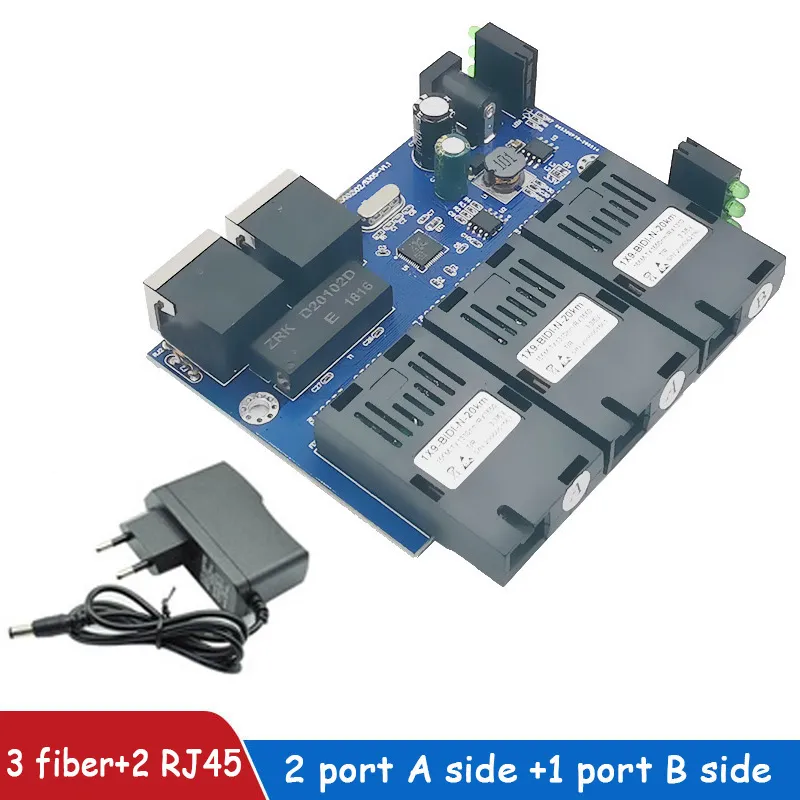 Fiber to Ethernet Converter 20 km Single Mode 2 RJ45 3 SC Fiber Ports ...