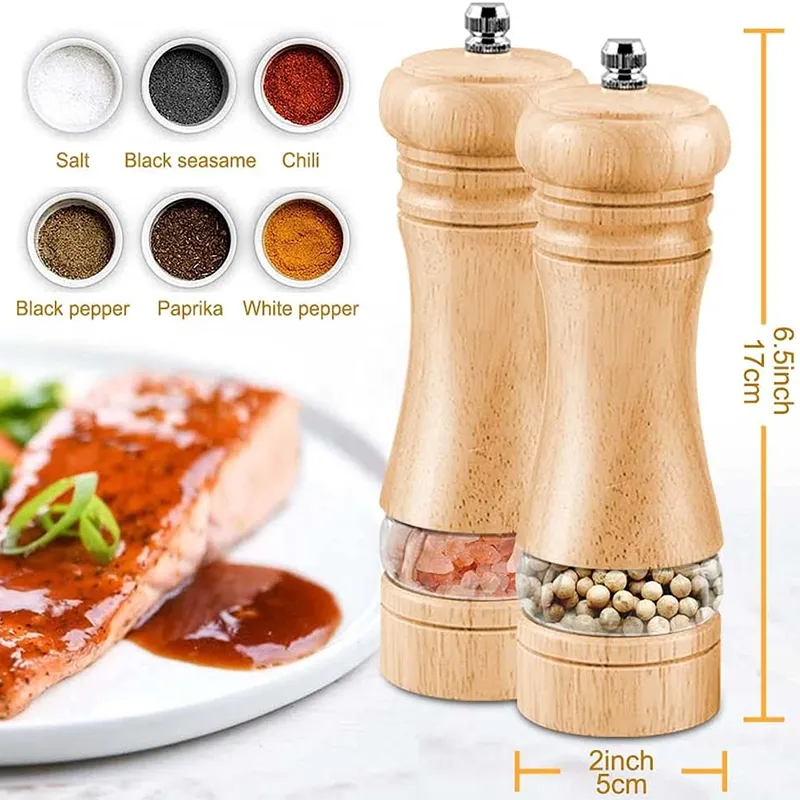 6 Inch Solid Wood Salt and Pepper Grinder Mill Set with Adjustable ...