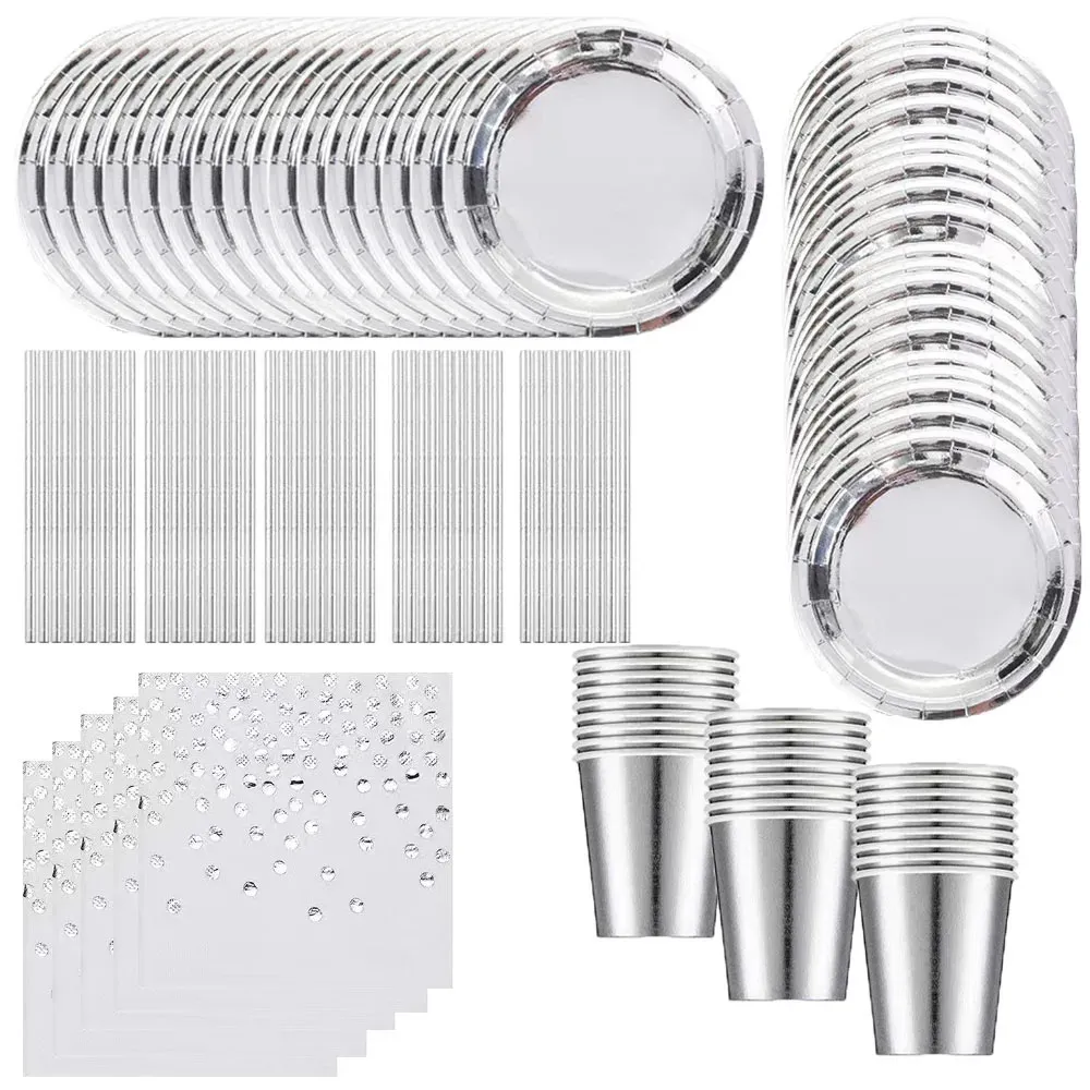 Disposable Silver Tableware Set | Plates, Cups, Napkins, Tablecloth for ...