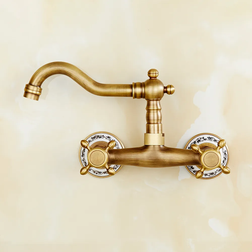 2024Antique Brass Kitchen Faucet Dual Handle 360° Swivel Spout Mixer ...