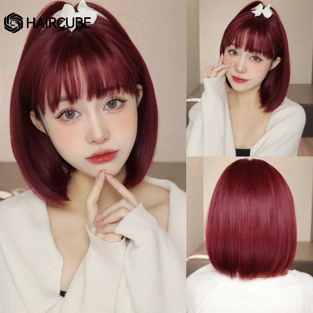 Wine Red Short Bob Wig with Bangs | Synthetic Hair for Cosplay & Daily ...