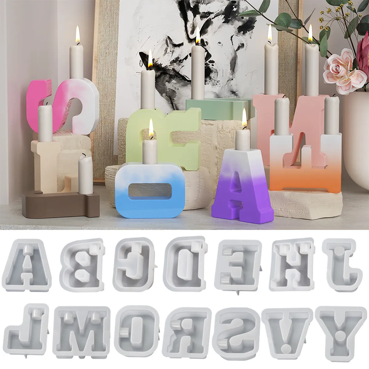 Letters Candlestick Silicone Mold for Resin, Concrete, Soap, and Candle ...