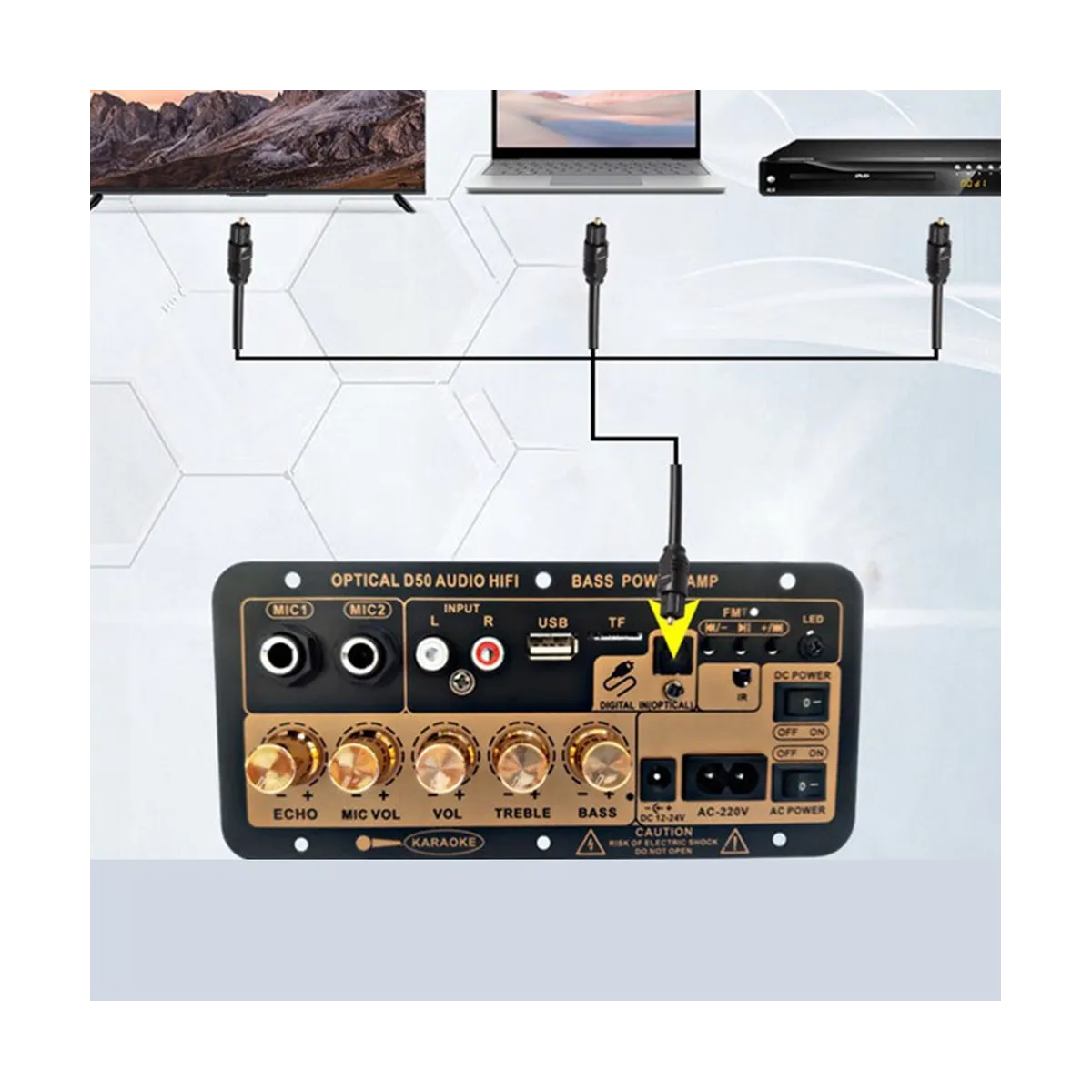 D50 Amp Board Bluetooth 5.0 Amplifier Board with Optical Audio Input, USB, FM Radio, TF Player ...