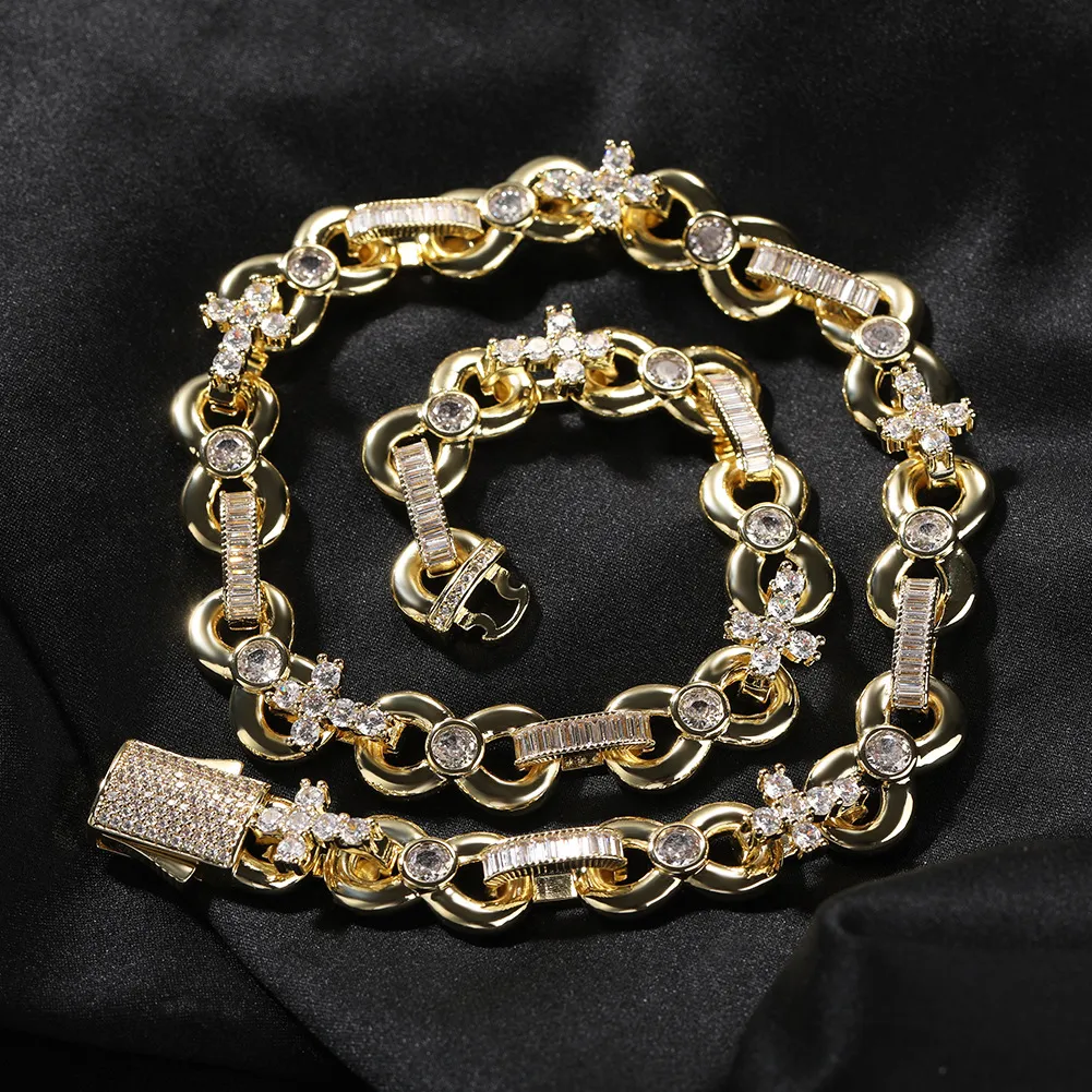 Hip Hop 12mm Infinite Cross Necklace Bracelet Set 5A T Zircon Iced Out Jewelry