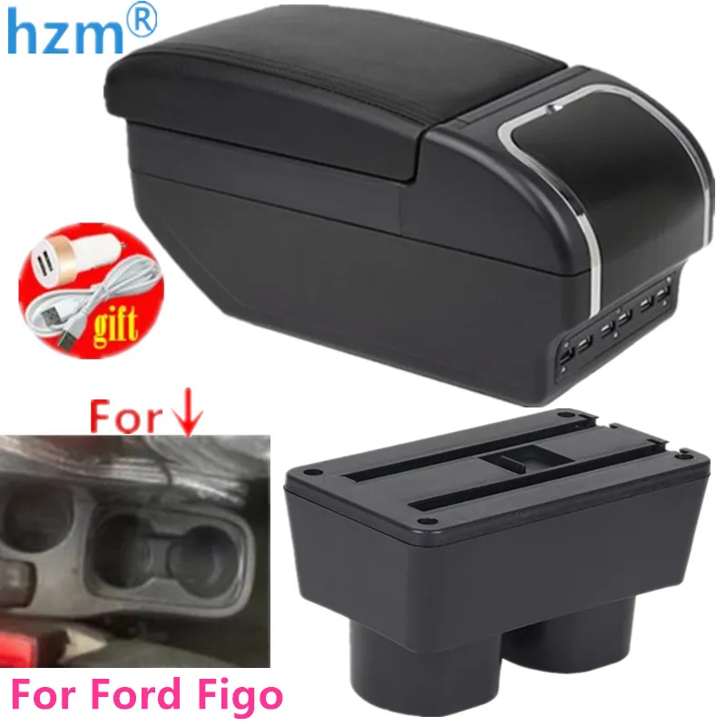 Premium Figo Armrest Box Center Console Organizer w USB Charging Port Black Leather