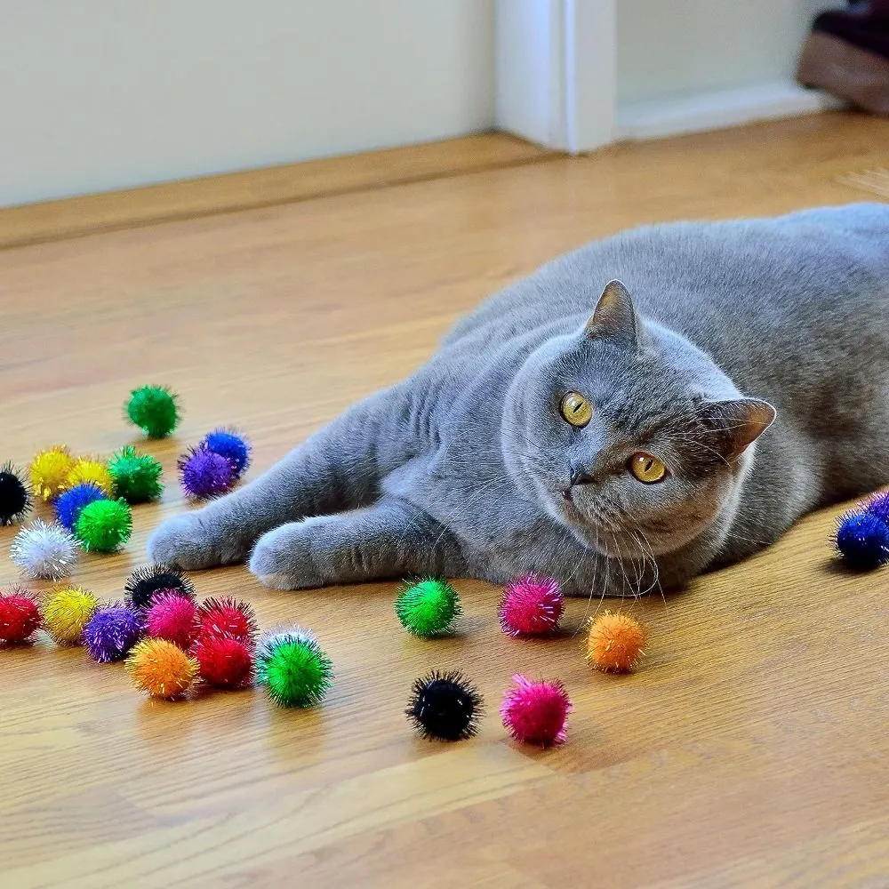 50 Pack 1 Inch Cat Sparkle Balls, Interactive Pom Pom Toys for Cats ...