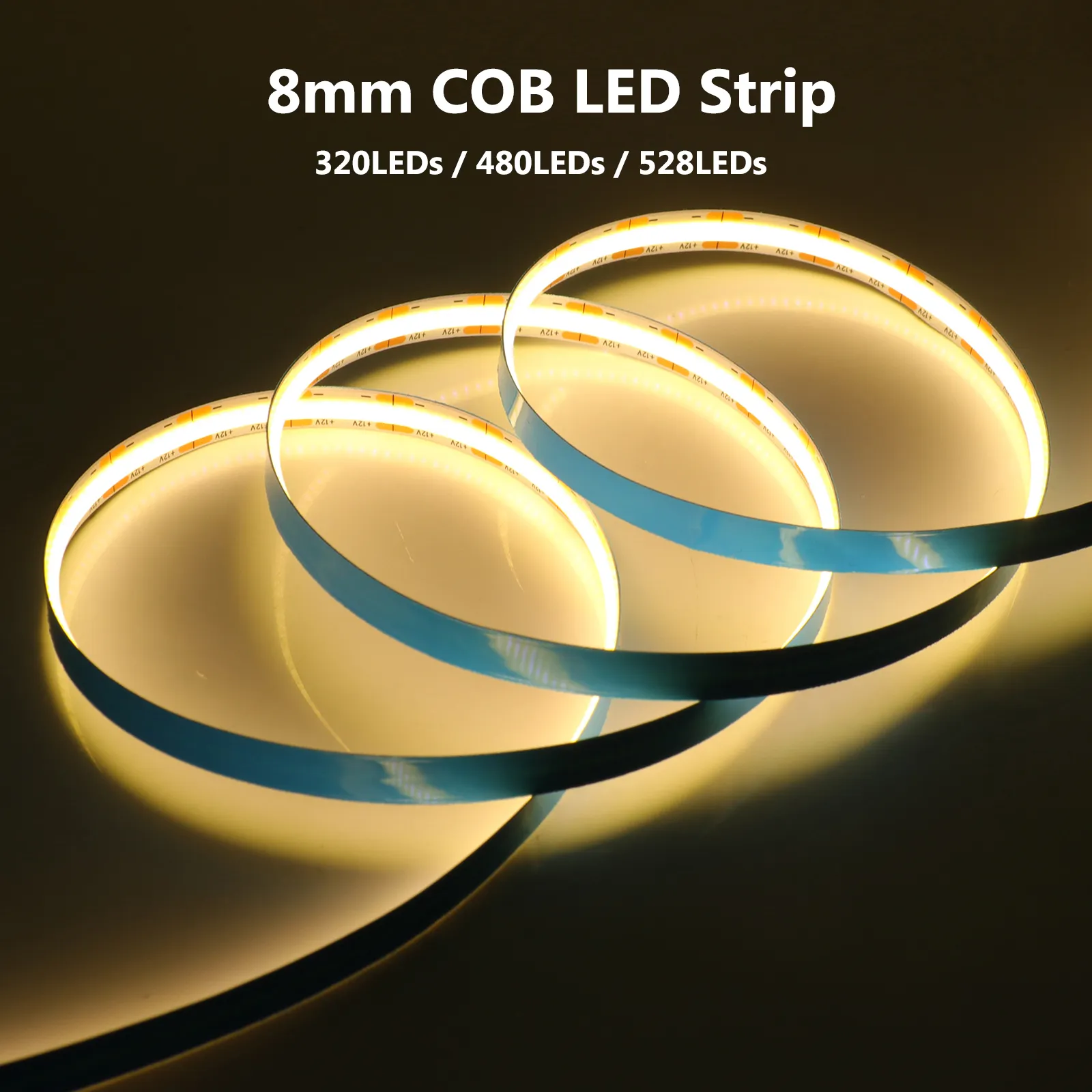 8mm COB LED Strip High Density 320-528 LEDs/m DC12V/24V Flexible Linear ...