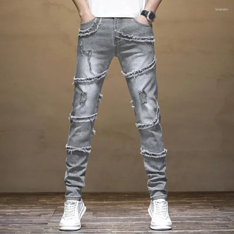 2024 Handsome Mens Slim Fit Grey Skinny Jeans Mens With Ripped ...