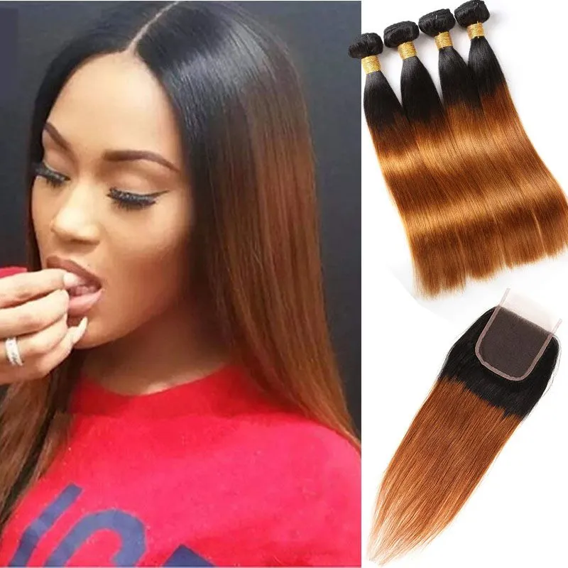 1B30 Straight Human Hair Bundles With Closure: Luxurious Indian Virgin ...