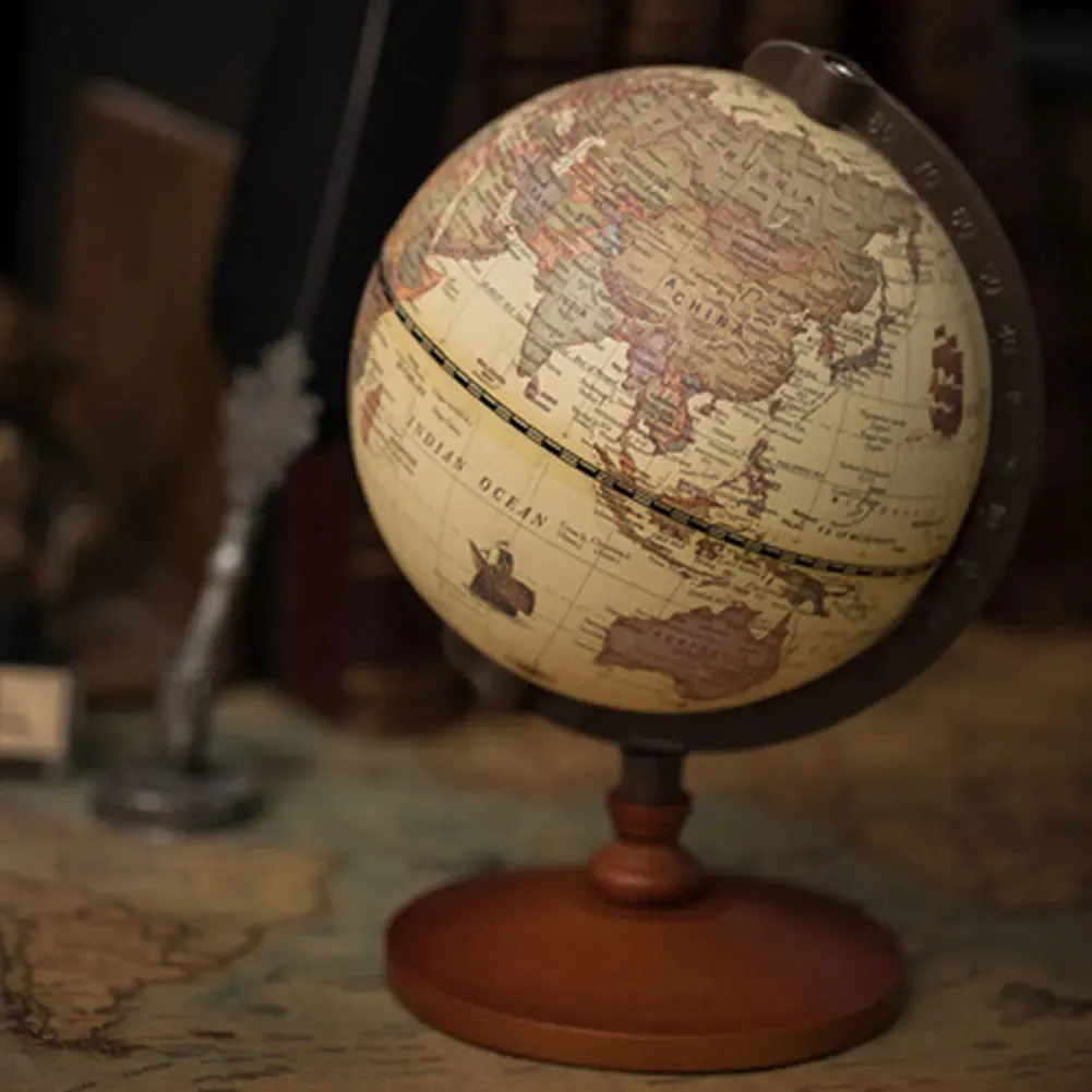 World Globe Earth Map In English Retro Wooden Base Earth Instrument ...