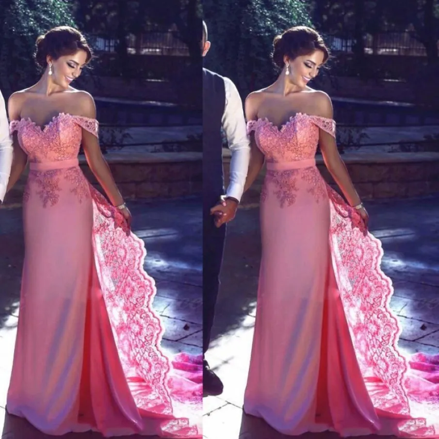 Off Shoulder Lace Mermaid Pink Lace Prom Dress With Sweep Train And ...