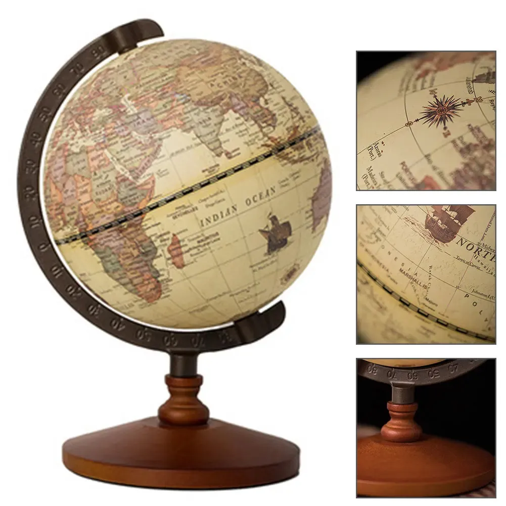 World Globe Earth Map In English Retro Wooden Base Earth Instrument ...