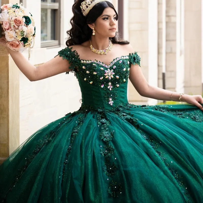 Emerald Green Quinceanera Dresses 2024, Off Shoulder Ball Gowns, Lace ...
