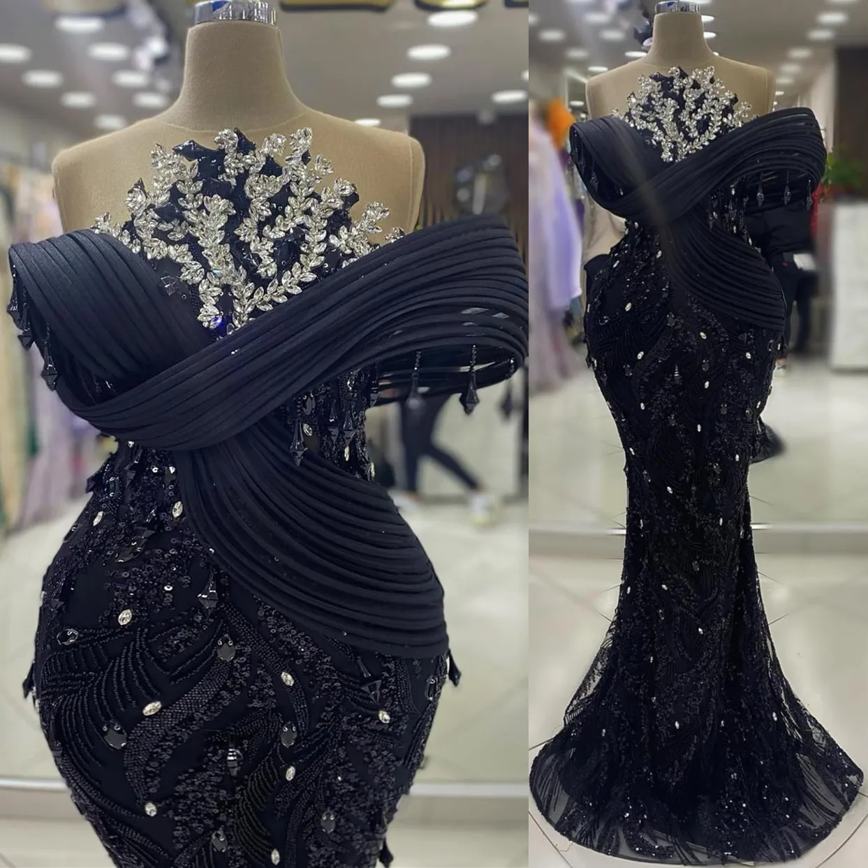 2024 Aso Ebi Black Mermaid Prom Dress Crystals Beaded Lace Evening ...