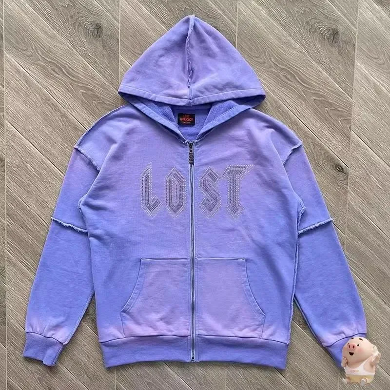 Lavender Patchwork Zip-Up Hoodie Men Women Oversize Vintage Zipper ...