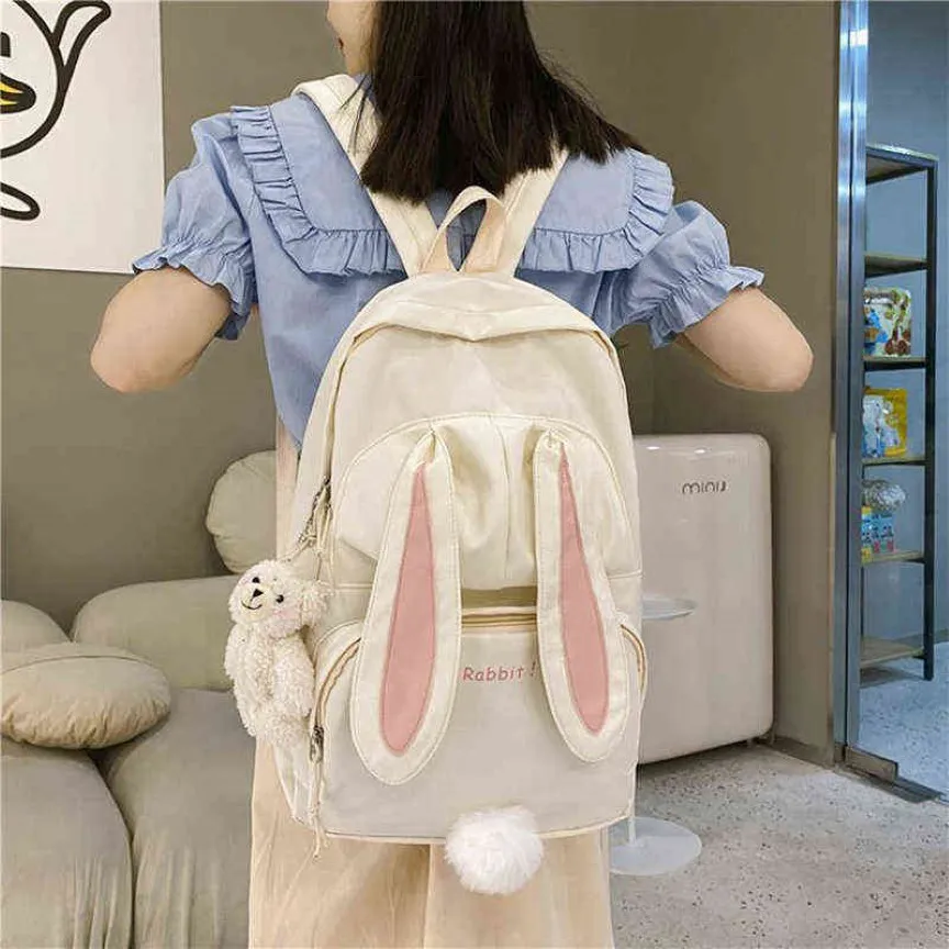 Kawaii Japanese White Bunny Backpack With 3D Rabbit Tail Large Capacity Waterproof Backpacks For ...