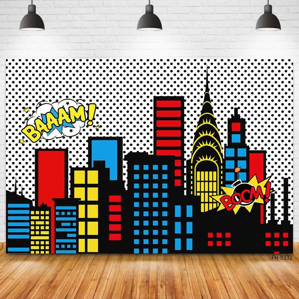 Personalized Superhero Birthday Backdrop Comic City Buildings Theme For ...