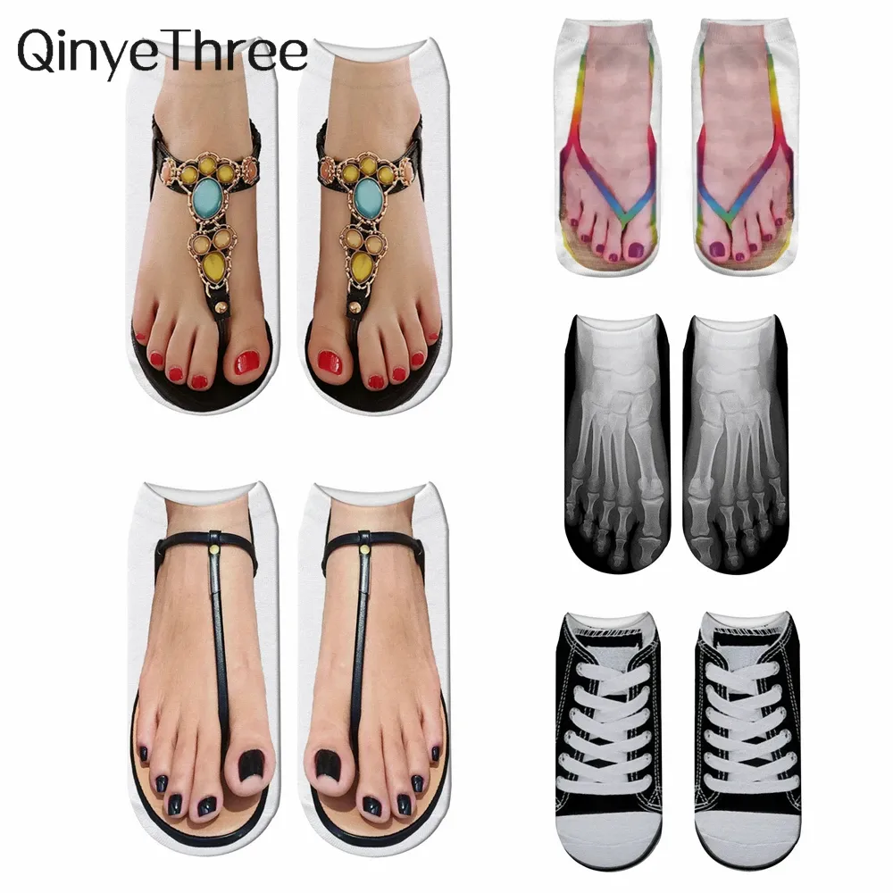 3D Printed Toe Flip Flops Skull Canvas Shoes Creative Ankle Socks ...
