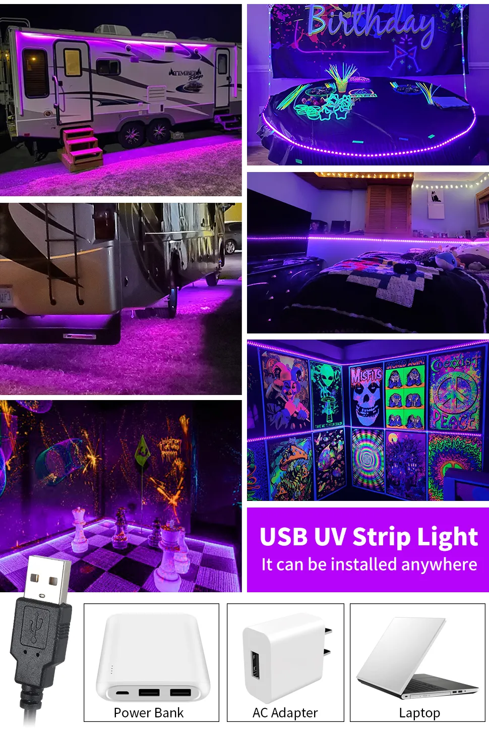 USB LED Light Strip 2.5M UV Black Strip Light 395nm 150 LEDs Black ...