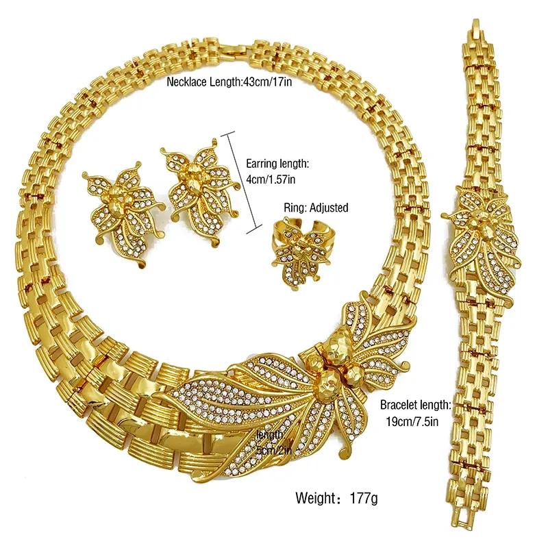 18K Gold Plated Jewelry Set Leaf Necklace Earrings Bracelet Ring Set ...