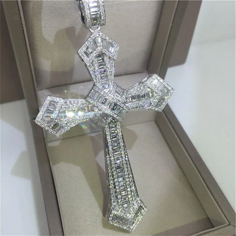 14K Gold Long Diamond Cross Pendant 925 Sterling Silver Party Wedding ...