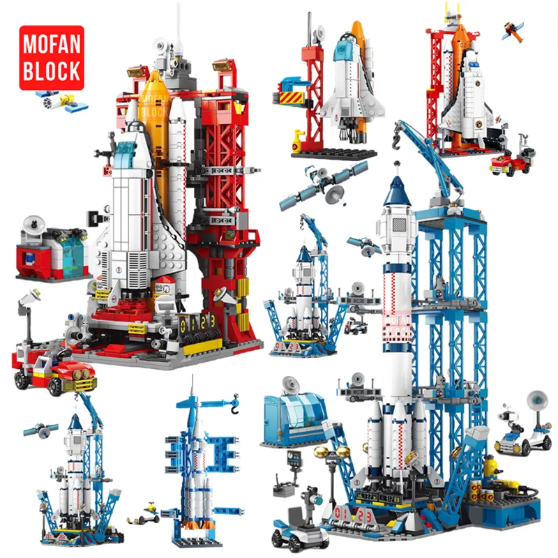 City Aerospace Rocket Launch Center Building Blocks Model with Space ...